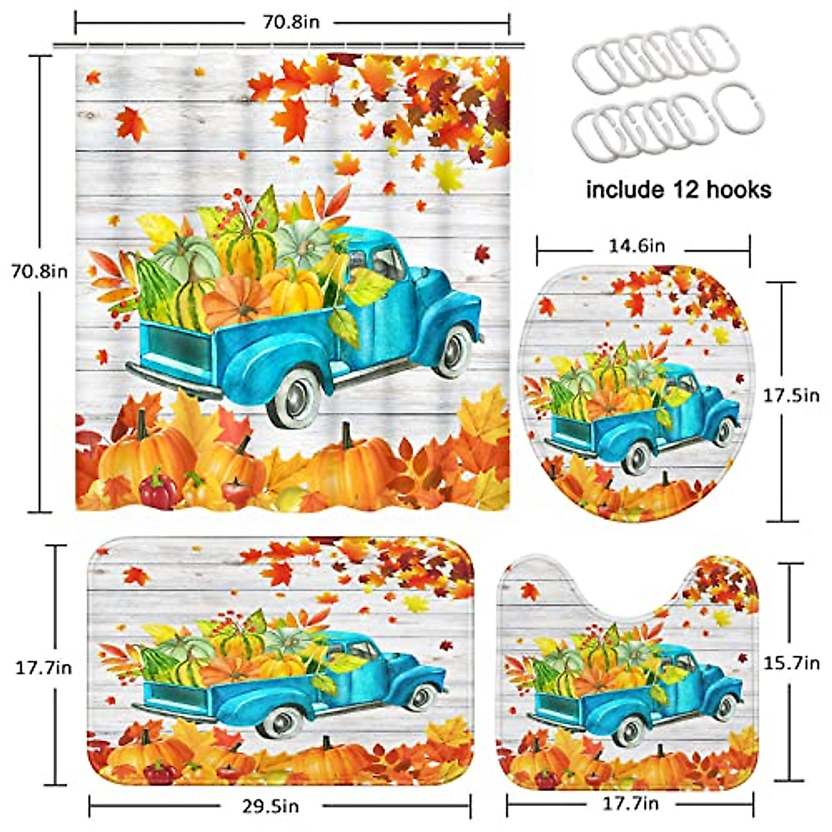 Tayney Truck with Harvest Pumpkin Shower Curtain Sets with Toilet Lid Cover and Non-Slip Rugs, Watercolor Autumn Maple Leaves 4 Pcs Shower Curtains for Bathroom, Vintage Fall Farmhouse Bathroom Decor