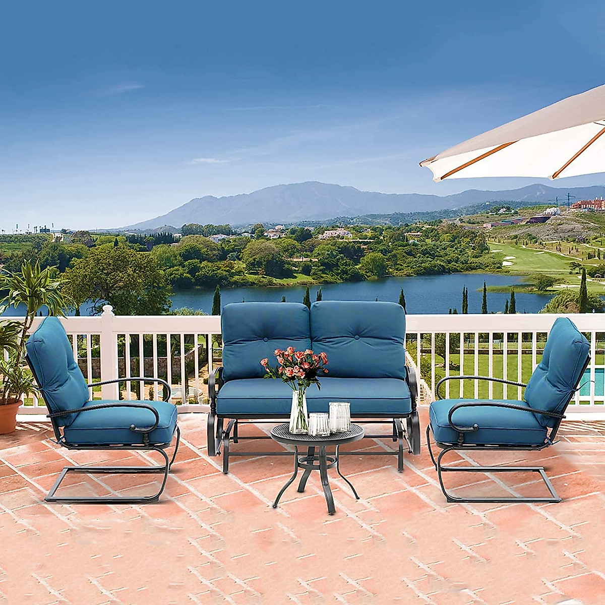 Incbruce 4Pcs Outdoor Metal Furniture Patio Conversation Sets (Glider, Bistro Table, 2 Spring Lounge Chairs) - Wrought Iron Outdoor Glider Chairs Sets (Peacock Blue)