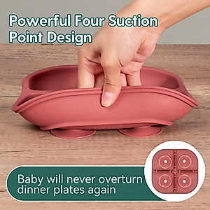 BABELIO Powerful Suction Plates for Baby and Toddler, 100% Food Grand Silicone Divided Baby Plates, BPA Free, Microwave & Dishwasher Safe, Stay Put with 4 Suction Cups, 3 Pack