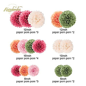 NICROLANDEE Wedding Party Decorations - 16Pcs Pink, Sage Green, Ivory Tissue Paper Pom Poms for Birthday, Engagement, Baby/Bridal Shower, Anniversary, Pastel Party, Festival Decorations