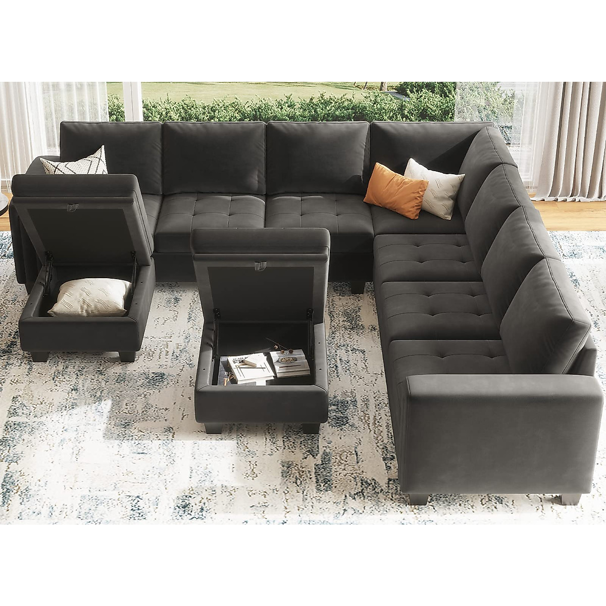 Belffin Oversized Velvet Modular 8-Seat Sectional Sofa Set with Storage Ottoman U Shaped Couch Set Modular Sectional Convertible Sofa Couch with Reversible Chaise Corner Sofa Couch Set Grey