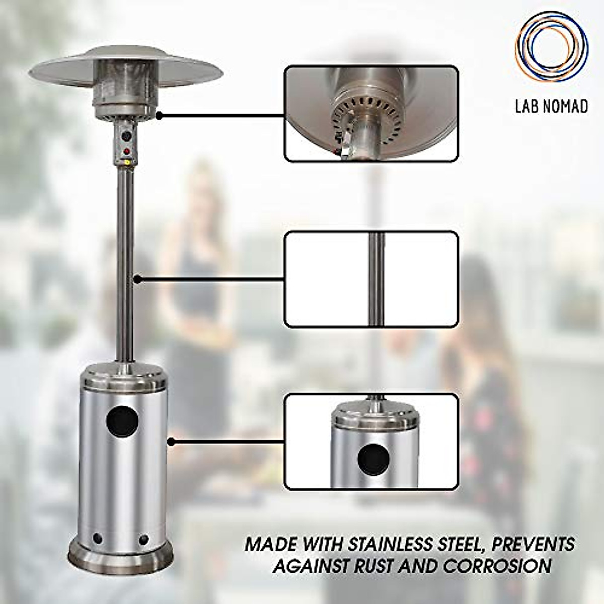 Lab Nomad Propane Patio Heaters for Outdoor Use - 46000 BTU Patio Heater - Outdoor Heat Lamps for Patio, Restaurants, & Weddings - Portable Rust-Proof Stainless Steel Patio Heater - Gas Deck