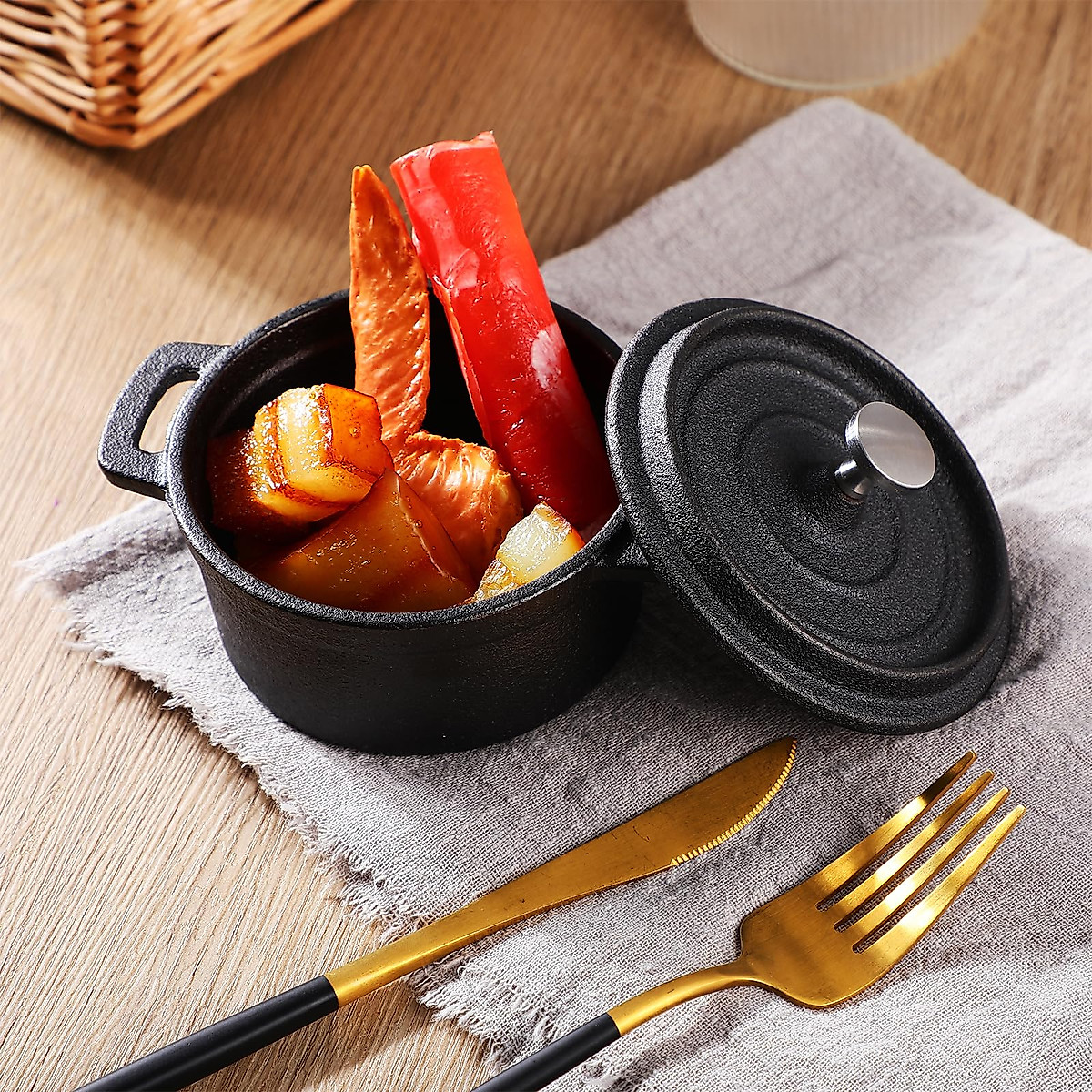 Suttmin 4 Pcs Mini Dutch Oven Small Round Iron Cocotte Black Dutch Oven Pot with Lid and Dual Handles Cast Iron Pot for Stovetop Use Marinate Cook Bake Refrigerate Garlic Roaster BBQ Grill (8 oz)