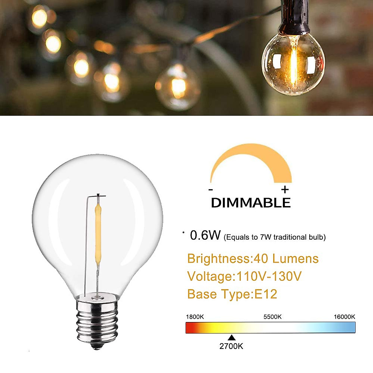 KGC Plastic C7/G40 Replacement LED Light Bulbs - 0.6W Equivalent to 7W Incandescent Bulbs 2700K, E12 Screw Base Shatterproof & Waterproof LED Globe Light Bulbs for Outdoor String Lights (25 Pack)