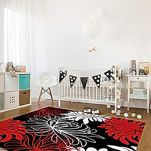 Maliyand Indoor Area Rug, Chrysanthemum Flower Abstract Floral Pattern Red Black White Anti-Skid Rectangle Accent Rugs for Children Bedroom Living Room Nursery Decoration, 2'7"x5'