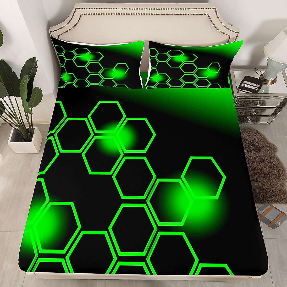 Green and Black Bed Sheets Set Twin Size Honeycomb Sheet Set for Kids Boys Girls Decor Geometrical Sheets with Deep Pocket Fitted Sheet Beehive Geometric Pattern Green Bedding Set Bedroom