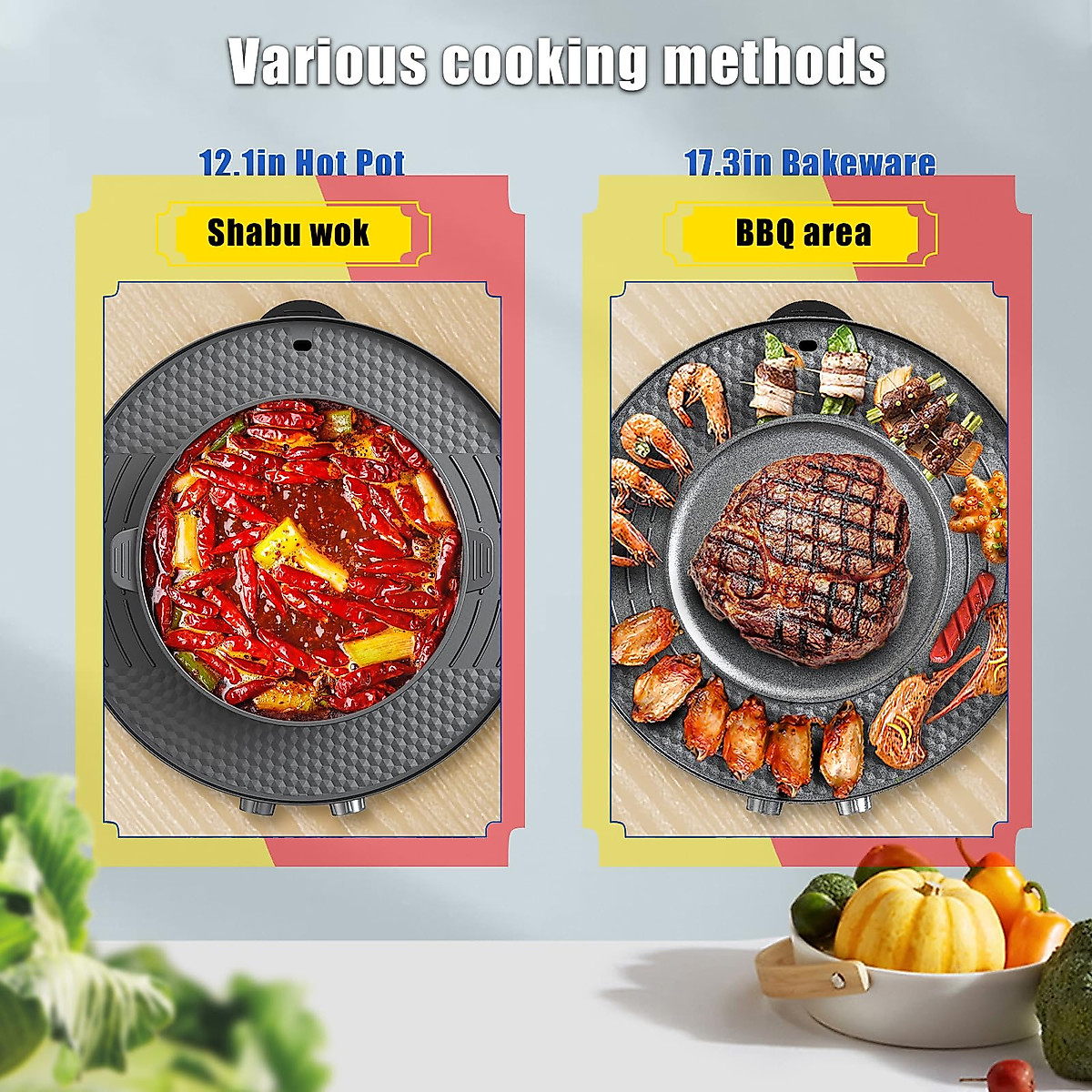 2 in 1 Electric Grill Pan and Hot Pot with Free Clips,Brushes,soup & colander ladle,2200W Dual Temperature Control Korean Shabu Shabu,Non Stick Coating, Smokeless, Split Easy Cleaning.【Black】