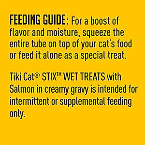 Tiki Cat Stix Wet Mousse Treats, Single Serve Indulgent Lickable Treat or Dry Food Topper, with Salmon in Creamy Gravy, 3 oz. Pouch (Pack of 6)