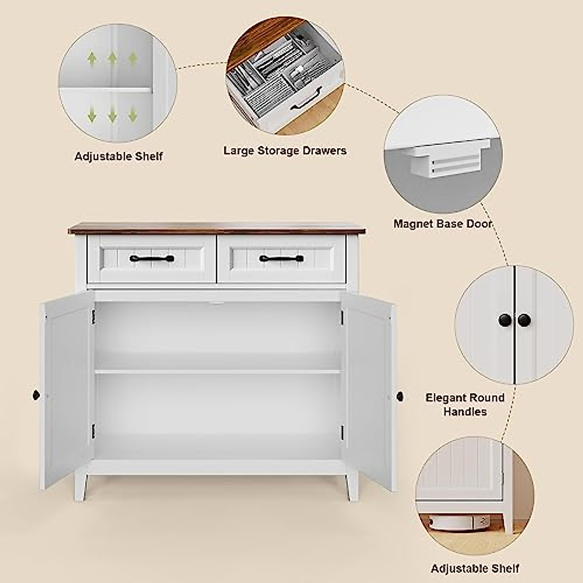 Gizoon Kitchen Sideboard Buffet Cabinet, 32'' H Large Kitchen Storage Island with Drawer and Adjustable Shelf, Modern Coffee Bar for Kitchen, Dining Room, Bathroom, Entryway, Retro