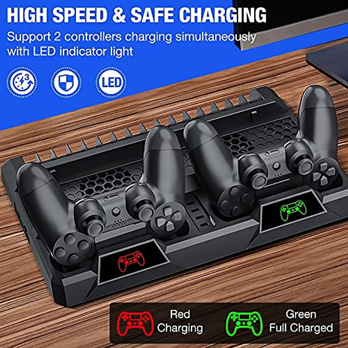 PS4 Stand Cooling Fan for PS4 Slim/PS4 Pro/PlayStation 4, PS4 Stand Vertical Stand Cooler with Dual Controller Charge Station & 16 Game Storage, PS4 Organizer Stand with Game Storage PS4 Accessories