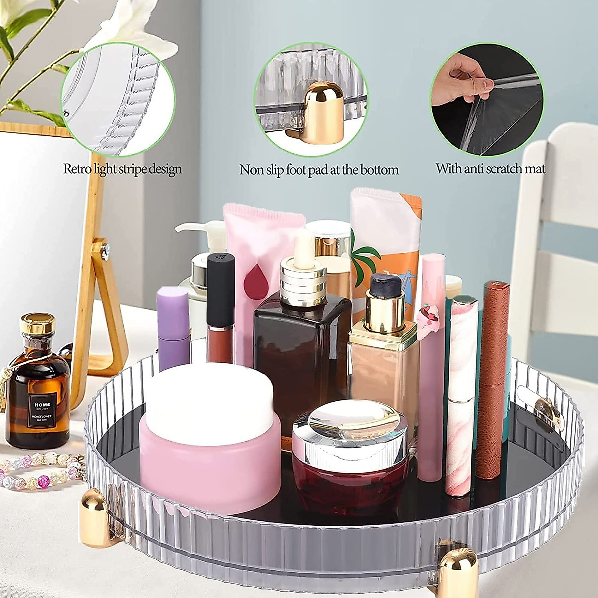 WJWSKI Lazy Susan Organizer 11", 360 Degree Rotating Turntable for Cabinet with 4 Gold Non-Slip Base, Round Spice Rack for Kitchen, Cologne Organizer for Men, Makeup Perfumes Vanity Tray - Clear