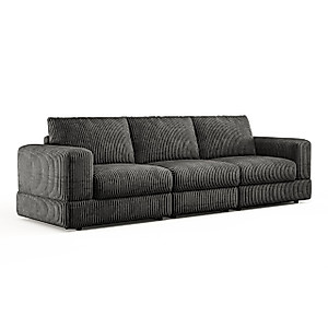 ATJafurn 107'' Black 3 Seater Modern Sofa Couch, Corduroy Fabric Upholstered Sofa with Cushion and Pillows for Living Room Apartment (Black, 3 Seater)