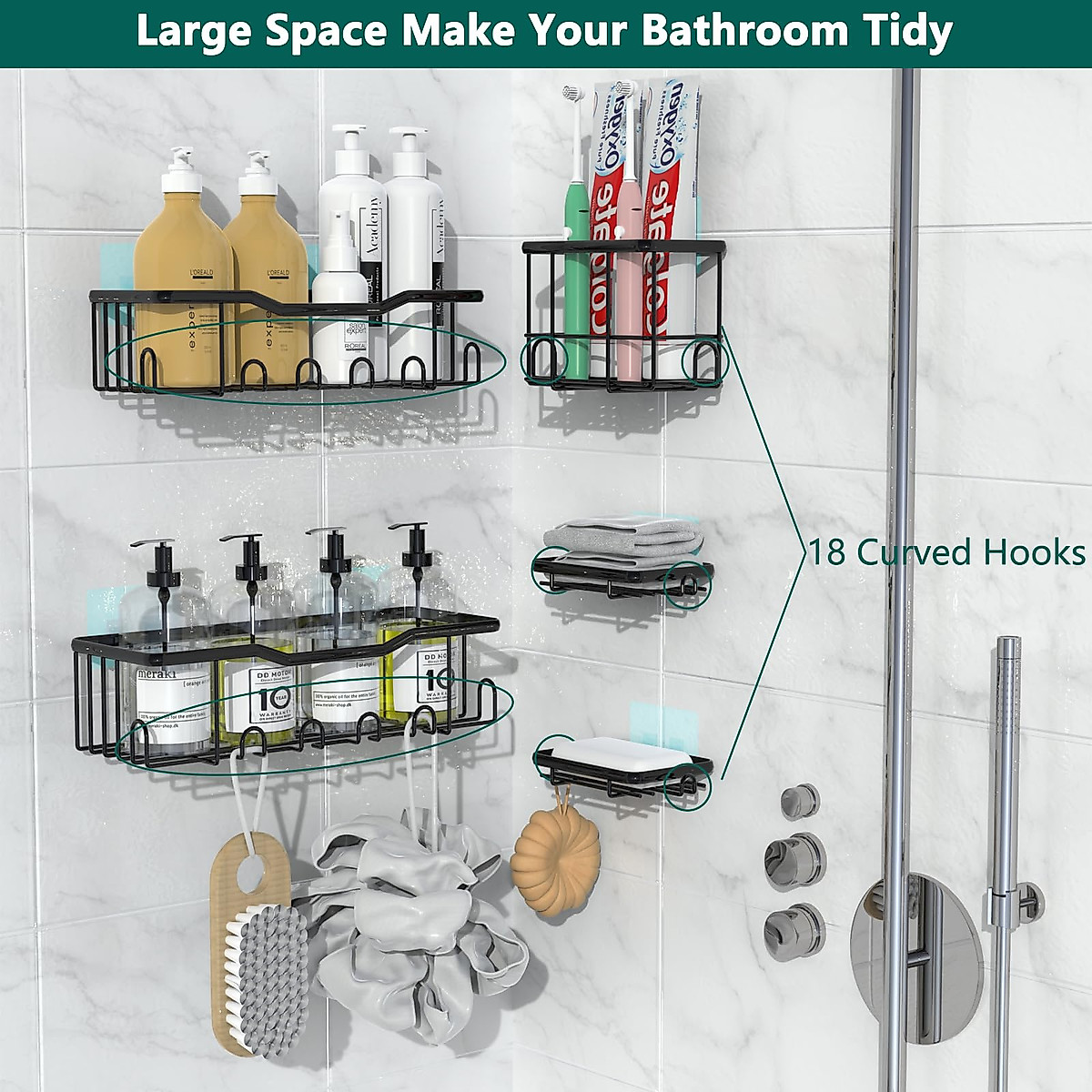 RM FOLD Shower Caddy, 5 Pack Adhesive Shower Organzier, No Drilling Shower Shlves, Rustproof Stainless Steel Bathroom Shower Organzier for Bathroom, Kitchen and Dorm Organization and Storage, Black