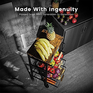 DELORM 5 Tier Vegetable Fruit Kitchen Storage Basket Cart Rack with Universal Wheel Metal Wire Basket Shelf Rolling Storage Cart, Rustic Farmhouse