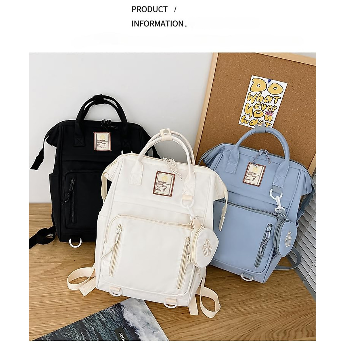 DEEPWIN Kawaii Backpack With Cute Accessories Nylon Shoulder Crossbody Backpack With Small Wallet Accessories (BLACK)