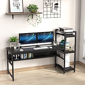 CharaVector Tower Computer Desk 60 inch with 4 Tier Storage Shelves ，Modern Writing Desk with Bookshelf PC Desk Study Writing Table for Home Office，Black