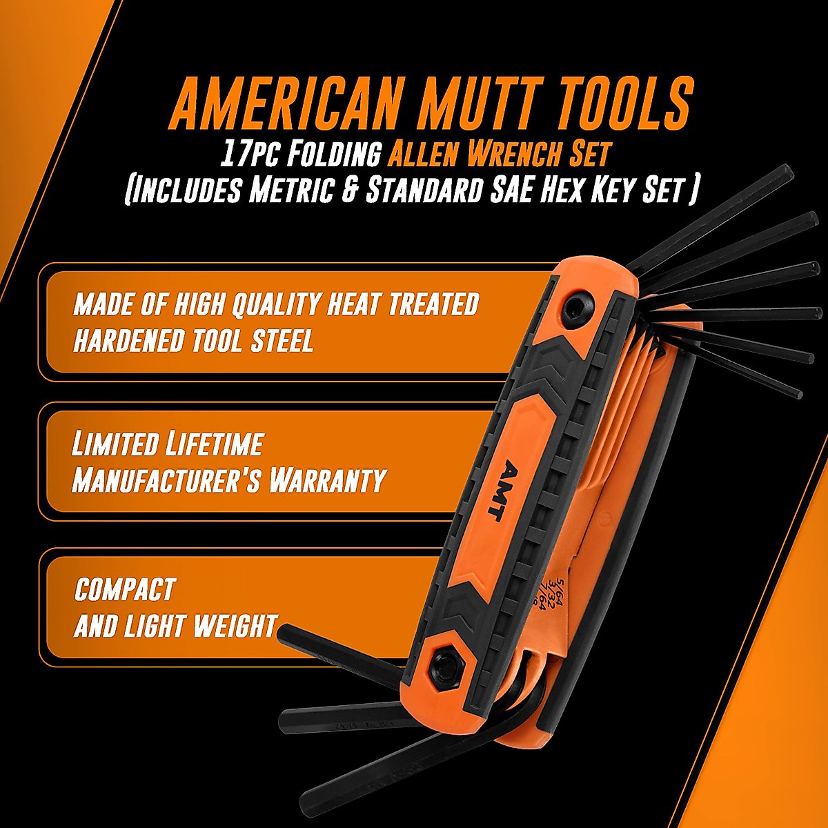 AMERICAN MUTT TOOLS 17pc Folding Allen Wrench Set – SAE and Metric Allen Key Set – Hex Key Set, Allen Wrenches Sets, Metric Allen Wrenches Set, Hex Wrench Set, Llaves Allen Set, Hex Set, Hex Tool Set