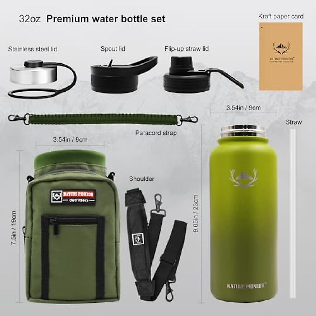 NATURE PIONEOR Insulated Water Bottles with Straw - 32oz Stainless Steel Vacuum Bottle with Holder/Carrier/Sleeve - Reusable 18/8 Food Grade Thermos Water Jug