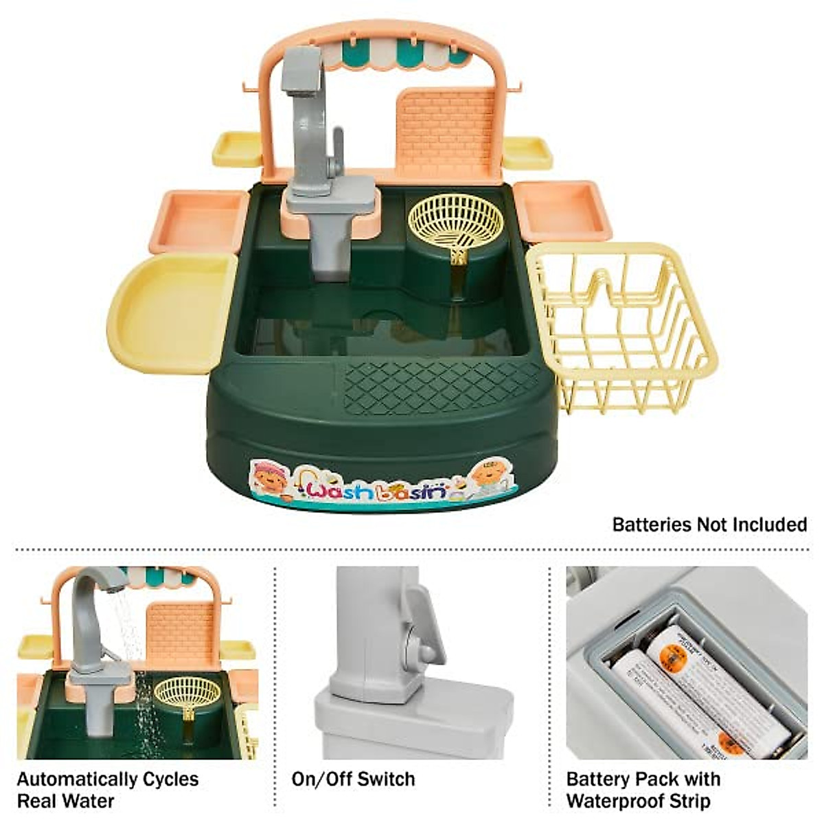 Hey! Play! Play Kitchen Set for Kids – Functional Sink Water Toy with Automatic Cycling System – Dishwashing Playset with Fun Accessories