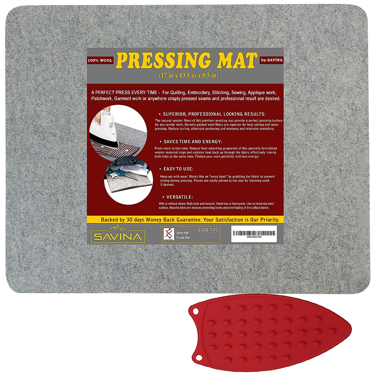 Wool Pressing Mat - 17" x 13.5" Quilting Ironing Pad - 100% New Zealand Felted Wool Iron Board for Quilters, Great for Quilting & Sewing Projects by Savina