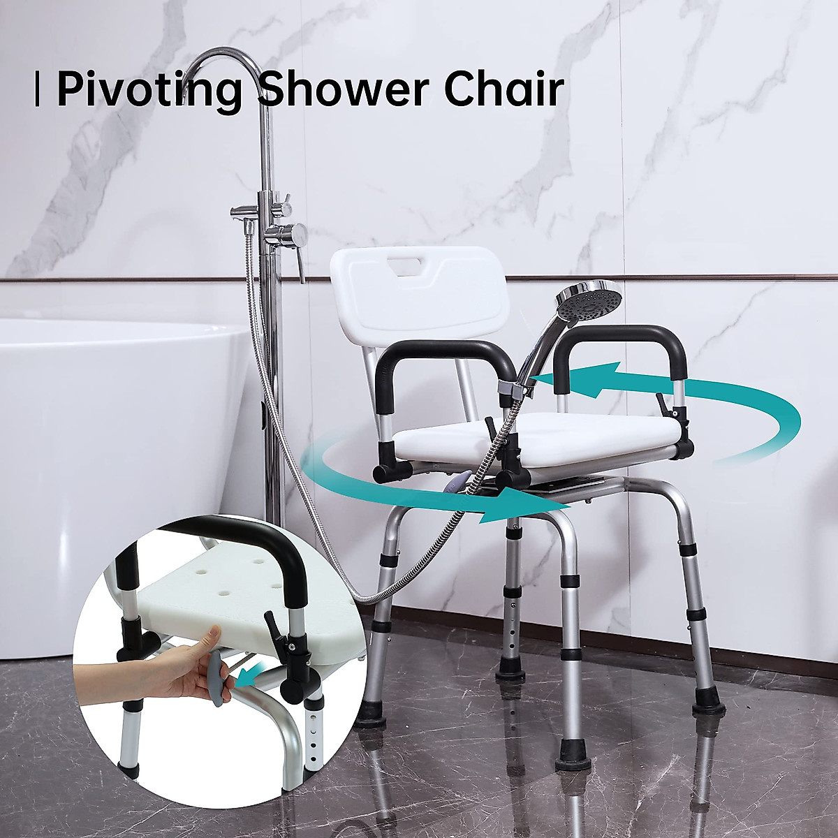 ELENKER Swivel Shower Chair for Inside Shower, Adjustable Pivoting Bath Chair and Medical Grade Rotating Shower Seat with Liftable Armrests and Backrest