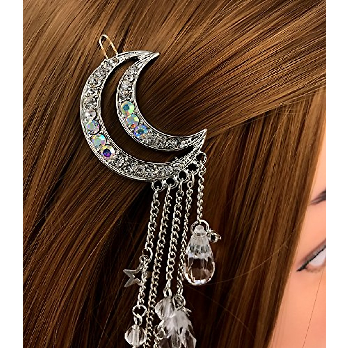 QTMY Moon Rhinestone Tassel with Crystal Beads Charms Hair Clip Pin Hair Chain Jewelry Hair Accessories (Silver)