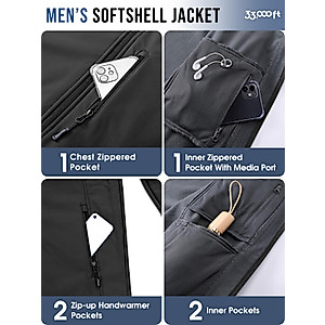 33,000ft Men's Softshell Jacket with Hood Fleece Lined Windbreaker Lightweight Waterproof Jackets for Hiking