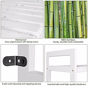 Bamjoy Over The Toilet Storage Shelf, Bamboo 3 Tier Bathroom Space Saver Organizer, Multipurpose Toilet Storage Rack with 6 Hooks Bathroom Kitchen Balcony Entryway, Easy to Assemble, 64”H White