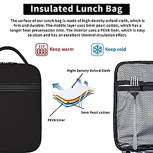 MDMEI Black Lunch Box Insulated Tote Lunch Bag for Adult Women Men Teen Boys Kids, Reusable Durable Freezable Thermal Cooler Bag for School Work Hiking Travel Picnic