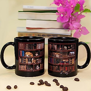 Kovan Library Bookshelf Mug Book Lovers Coffee Mug Library Mug for Cat and Book Lover Book Coffee Mug Book Mug Bookworm Mug Book Club Cup - Gifts for Readers Bookish Black Mug 11Oz With Keychain