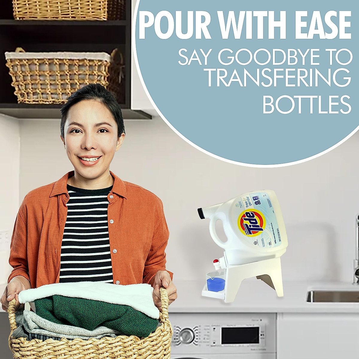 Skywin Laundry Detergent Holder Stand with Tray, Laundry Detergent Stand with Non-Slip Rubber Feet for Washing Area Organization, Easy Pour (White)