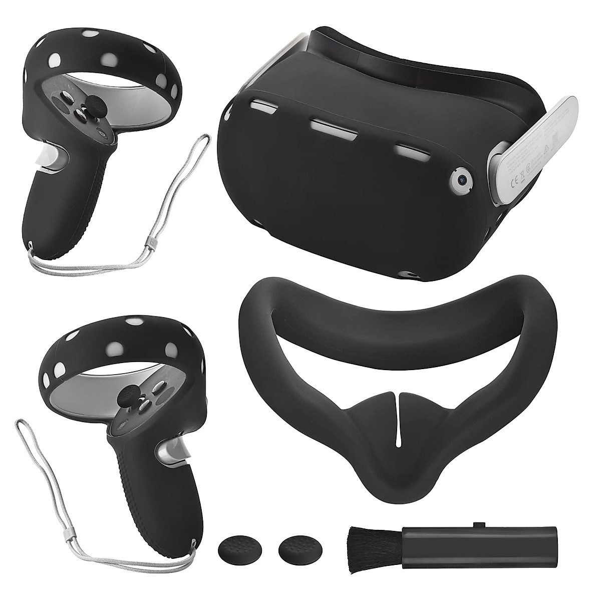 Silicone Controller Grip for Quest 2 Accessories, with VR Headset Lens Cleaning Pen, Thumb Button Cap，Protective Lens Cover, Silicone Face Cover Sweat Guard Anti-Leakage Pad (Black)