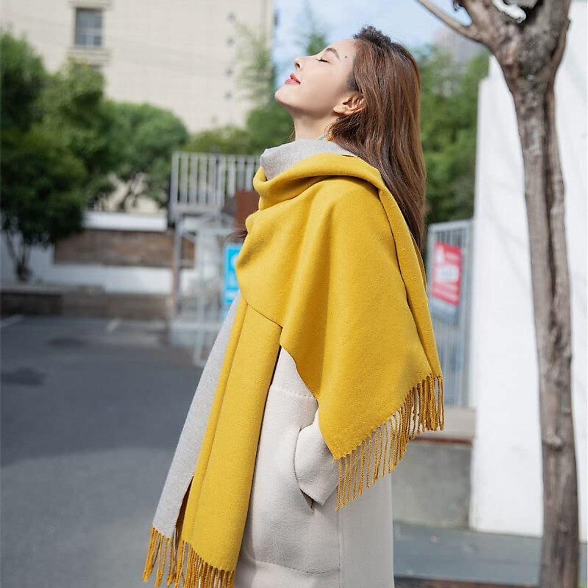 Scarf Cashmere Double-Sided Wrap Shawl Stole for Women Winter Large Men Solid Lambswool Scarf with Gift Bag Christmas Gifts (Yellow light gray)