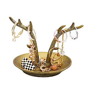 LuHeToz Antique Gold Metal Ring Holder with Antler,Vintage Trinket Dish, Gifts for Women,