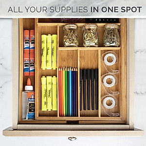 Bamboo Kitchen Drawer Organizer - Easily Adjust The Wooden Tray Width to Drawer Size, Deep Enough to Fit Entire Drawer and Accommodates Different Kitchen Utensil and Cutlery Sizes.