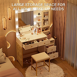 Esmlada Makeup Vanity Desk with Sliding LED Lighted Mirror, Large White Vanity Desk with Drawers, Charging Station, Shelves and Side Storage, 3 Model Adjustable Lights for Bedroom & Dressing Room