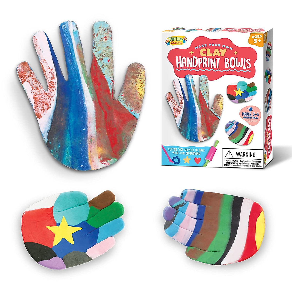 Peachy Keen Crafts Craft Sets for Kids Ages 5 and Up - Make Your Own Clay Hand Print Bowl - Includes Multicolor Clay, Cutting Tool, and Roller - Kid Craft Kit to Make Up to 3 Bowls