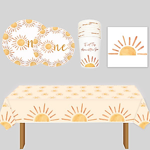First Trip Inspired Around The Sun Birthday Decorations 102pcs Boho One Sun 1st Birthday Paper Plates Napkins Cups and Table Cloth You Are My Sun Sunshine Party Supplies Boho One Sun 1st Birthday Decoration