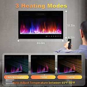 Electric Fireplace Insert 30" Realsmart 1500W Wall Mounted Electric Fireplaces with Recessed Heaters, Remote Control, Slim Black Fireplace Screen, Timer, 12 Flame Colors LED Decor, Low Noise