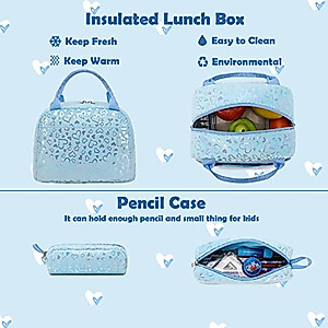 Kids Backpack Set for Girls, 3PCS Cute Soft Plush School Bookbag with Lunch Box Pencil Case Large Capacity Blue Kids Bag for Toddler Preschool Kindergarten Elementary Girls