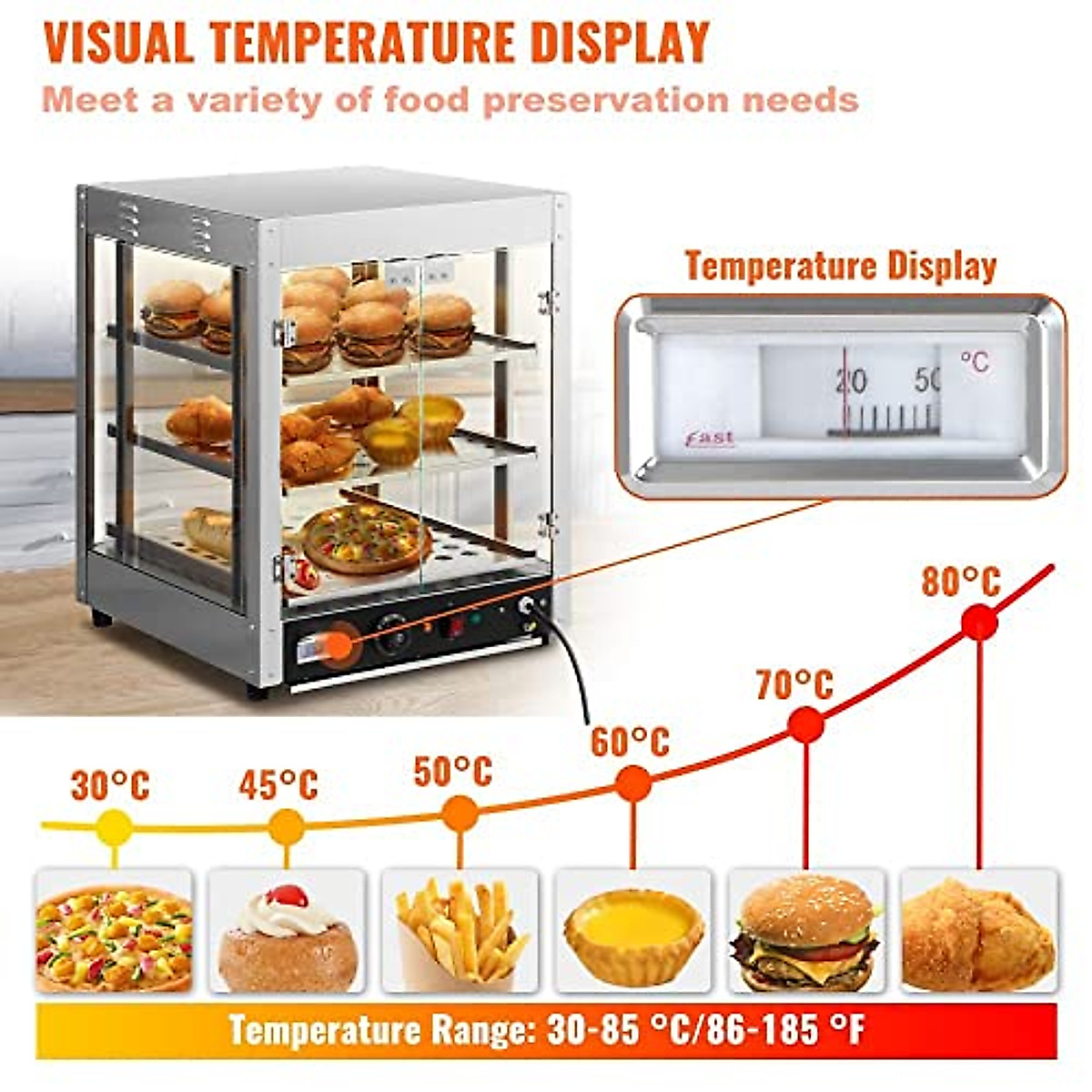 Commercial Food Warmer Countertop Pizza Cabinet with 3 Tiers, Convection Heating, Temperature Control, and Glass Display