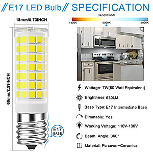 TAIYALOO LED Microwave Light Bulbs Under Hood 60W Equivalent, E17 LED Bulb Dimmable for Range Hood, Refrigerator, 7W 630 Lumens, LED Appliance Light Bulb Over Stove, Daylight White 6000K, 2 Pack