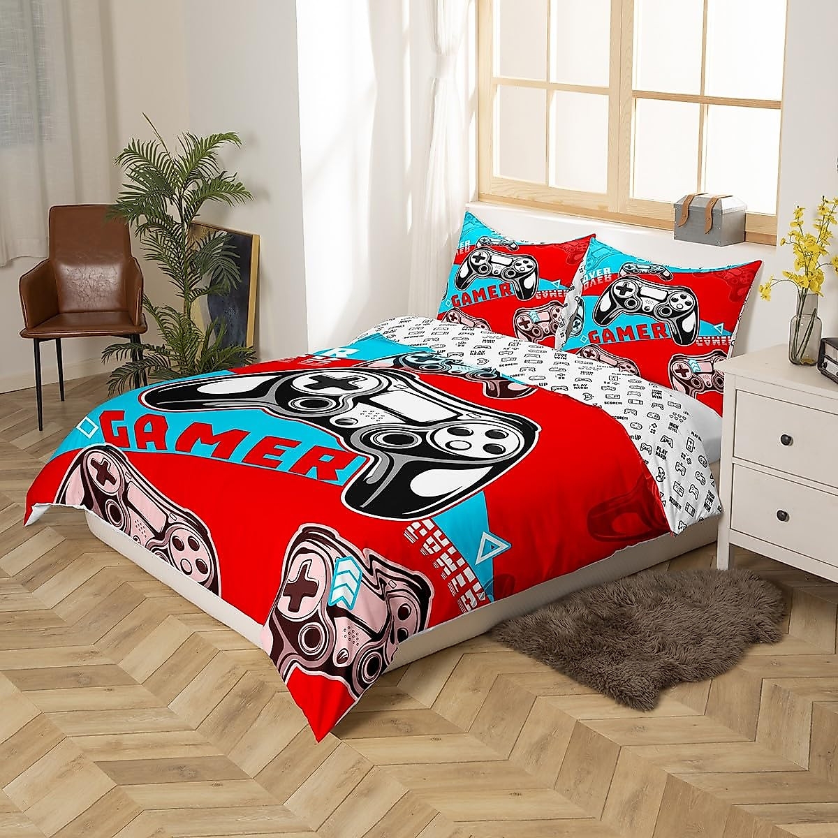 Erosebridal Gamer Duvet Cover for Boys Girls Kids Teens,Video Game Bedding Set Twin Size,Gaming Comforter Cover Gamer Room Decor,Red Teal Gamepad Controller Bed Set 1 Duvet Cover & 1 Pillowcase