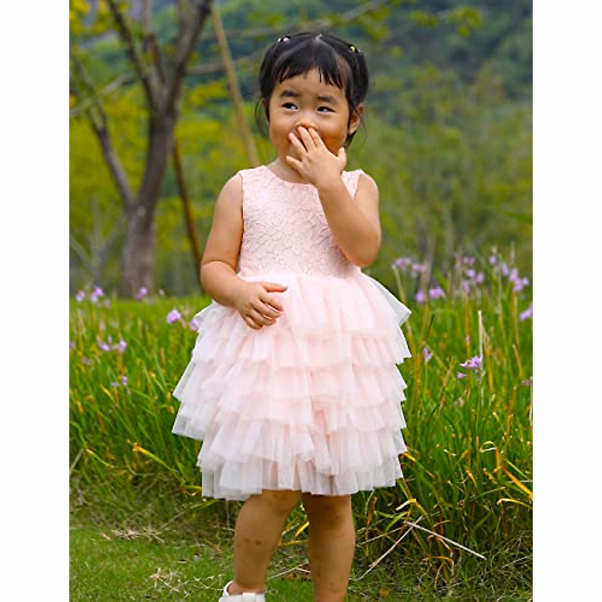 Cilucu Baby Girls Dress Toddler Kids Party Dress Tutu Pageant Lace Dresses Gown for Flower Girl Baby Birthday Pink Peach 6 Months-12 Months