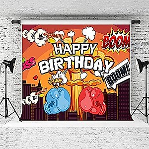 EMTOBT Happy Birthday Backdrop Superhero City Boom Background Red and Blue Boxing for Boy Gift Childen Happy Birthday Party Decorating 7x5FT Banner Photo Booth Props Room Decor Supplies BJWHEM562