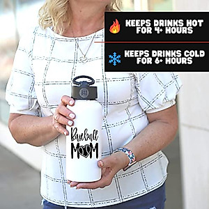 Brooke & Jess Designs Baseball Mom Tumbler Gifts - Large Insulated Water Bottle with Straw - Stainless Steel Metal 32 oz Travel Cup for Mom, Mama, Mother, Wife, Women | Keeps Hot and Cold for Hours