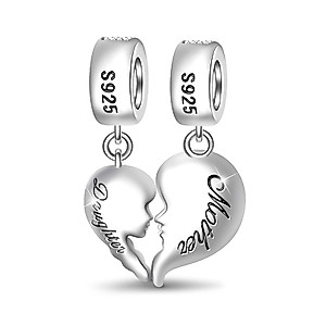 GNOCE [2 Pack Mother and Daughter Charms for Bracelet/Necklace 925 Sterling Silver Mom Love Heart Dangle Charms for Women Mom Mother's Day Gift