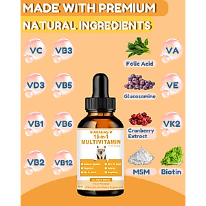 15 in 1 Multivitamin for Dogs | 60ML Dog Multivitamin Liquid Support Joint, Gut & Immune Health | Dog Liquid Vitamins for Digestion, Heart, Skin & Coat | Vitamin Supplements for Dogs | Bacon Flavor