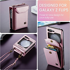 ASAPDOS for Samsung Galaxy Z Flip 5 Crossbody Case,Retro PU Leather Strap Wristlet Flip Case with Magnetic Closure and Card Holder for Men Women Rose Gold