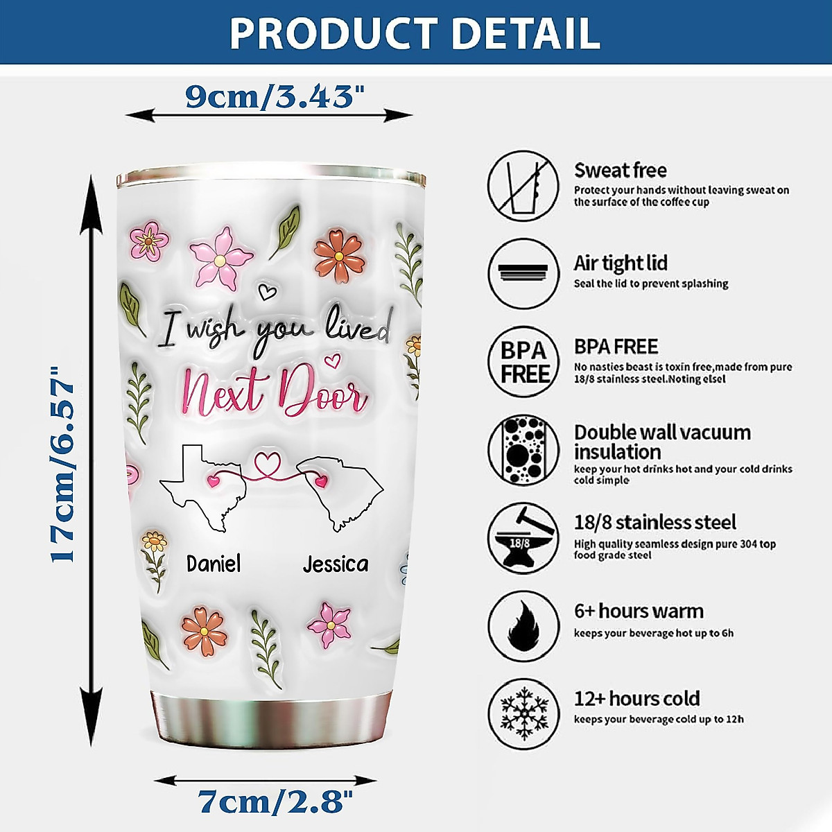 Personalized Gifts I Wish We Lived Closer Tumbler - 3D Inflated Effect - Custom State to State Mug, Long Distance Friendship Gifts, Personalized Tumbler, I Wish We Lived Closer Mug with Names